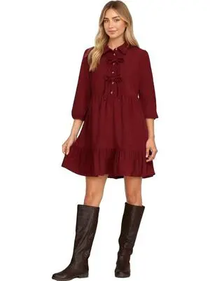 KNIT & LOUNGE Bow Front Corduroy Mini Dress - Burgundy