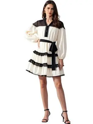 MODENAIRE Contrast Trim Mini Dress With Waist Tie