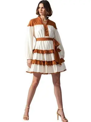 MODENAIRE Contrast Trim Mini Dress With Waist Tie - White/brown