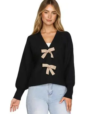 KNIT & LOUNGE Bow Front Knit Cardigan - Black