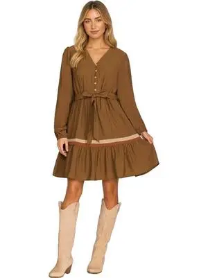 KNIT & LOUNGE Long Sleeve Button Front Mini Dress - Brown