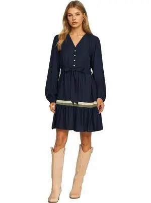 KNIT & LOUNGE Long Sleeve Button Front Mini Dress - Navy