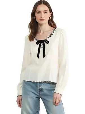 MODENAIRE Embroidered Blouse With Velvet Bow - Cream/off-white