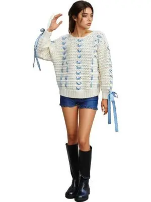 KNIT & LOUNGE Ribbon Tie Crochet Sweater - Ivory/blue Ribbon