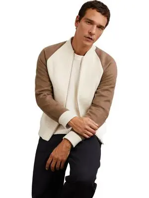 REISS Rylan Colour-block Bomber Jacket - Off White/oatmeal
