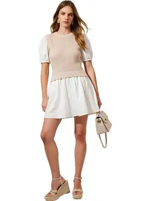 MODENAIRE Ribbed Sleeveless Sweater Dress With Puff Sleeves - White