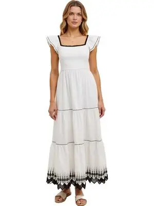 MODENAIRE Smocked Bodice Tiered Maxi Dress - White/black Trim