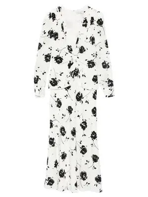 Alessandra Rich Rose Print Silk Dress With Jewel Buttons - White
