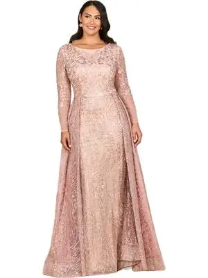 LARA NEW YORK Lace Gown With Overskirt And Illusion Neckline - Blush