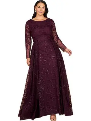 LARA NEW YORK Lace Gown With Overskirt And Illusion Neckline - Wine