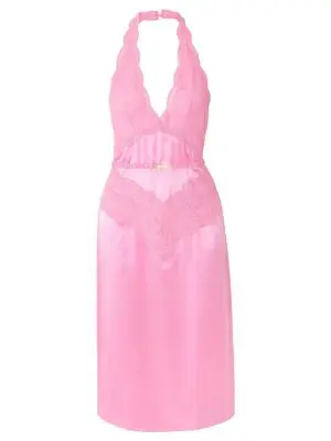 Gucci Belted Silk-satin And Lace Halterneck Midi Dress - Pink