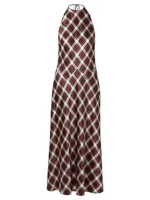 DÔEN Maxime Checked Silk-Satin Halterneck Maxi Dress