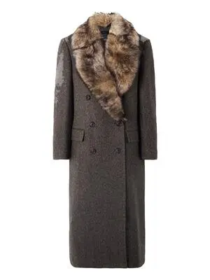 NILI LOTAN Edina Double-breasted Herringbone Wool Coat With Shearling Trim - Gray