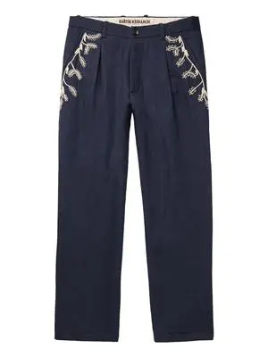 KARTIK RESEARCH Pleated Embroidered Wool Trousers - Blue