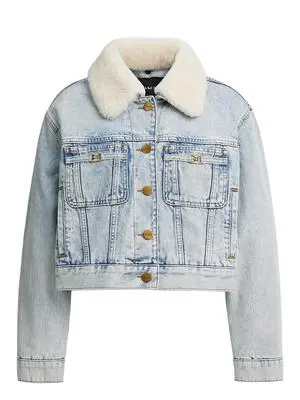 Coach Cropped Heritage C Denim Trucker Jacket With Shearling Collar - Light Blue/denim