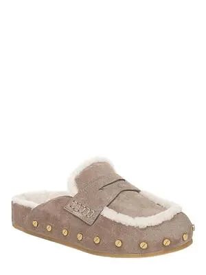 Veronica Beard Fenix Shearling Clogs Bark Ecru