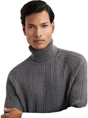 REISS Dartford Cable-Knit Wool Jumper Mid Grey Melange