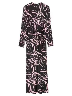 MSGM Rabbit-print Long-sleeve A-line Dress - Black
