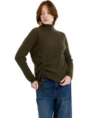BRODIE CASHMERE Rouched High Neck Long Sleeve Jumper - Olive