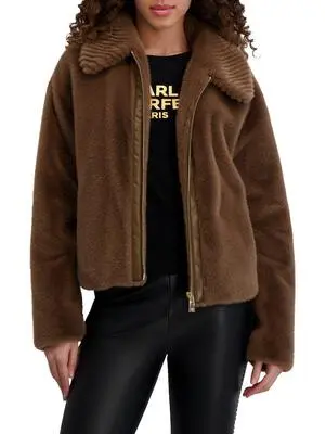 Karl Lagerfeld Paris Grooved Faux Fur Jacket Brown