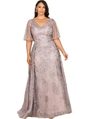 LARA NEW YORK Lace Gown With Overskirt And Cape Sleeves - Dusty Lavender