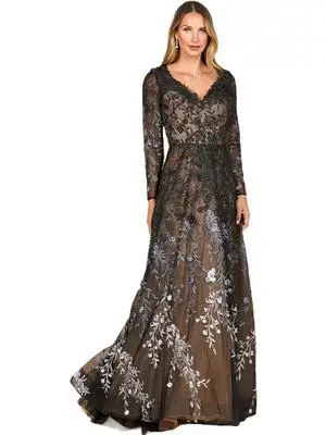 LARA NEW YORK Ombre Lace Gown - Black Ombre