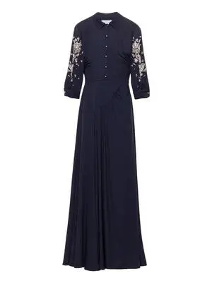 Prada Long Embroidered Sablé Dress Navy