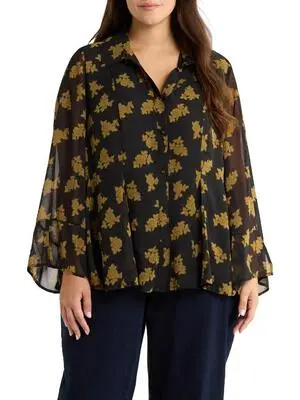 Universal Standard Chiffon Button-up Shirt - Black/gold Heirloom