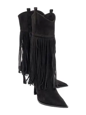 PROLOGUE SHOES Fringe Pointed Toe Boots - Black Suede Faux Leather