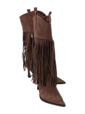 PROLOGUE SHOES Fringe Pointed Toe Boots - Brown Suede Faux Leather