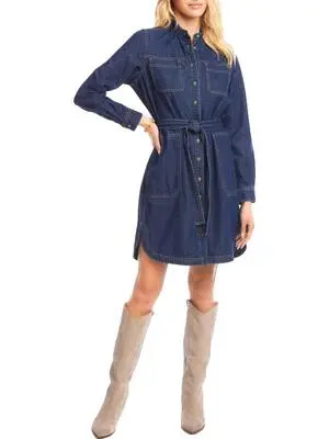Karen Kane Belted Long Sleeve Denim Shirtdress - Indigo