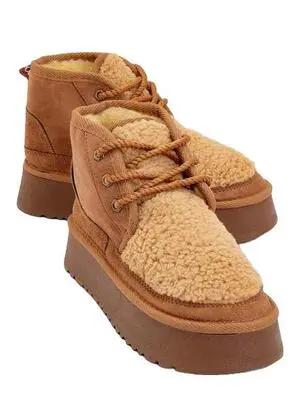 PROLOGUE SHOES Tyson Lace-Up Boots Cognac Suede Faux Leather