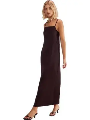 Nasty Gal Satin Square Neck Maxi Slip Dress - Chocolate