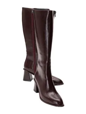 PROLOGUE SHOES Paradis Block Heel Knee High Boots Burgundy Faux Leather