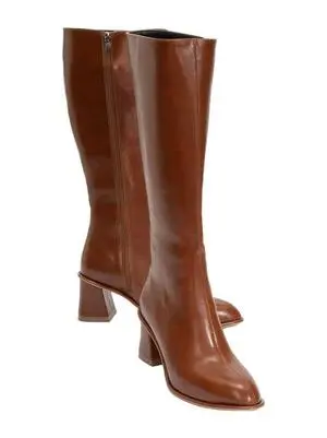 PROLOGUE SHOES Paradis Block Heel Knee High Boots Cognac Faux Leather