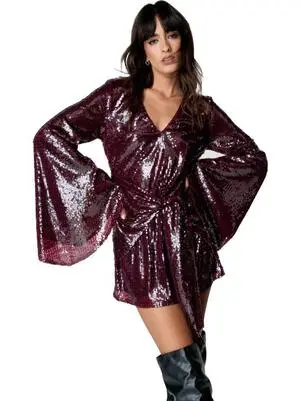 Nasty Gal Flared Sleeve Tie Front Mini Dress - Burgundy