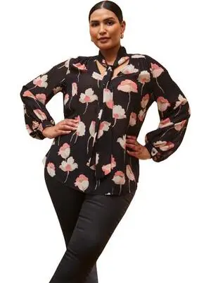 LIVE UNLIMITED Floral Print High Neck Blouse - Black