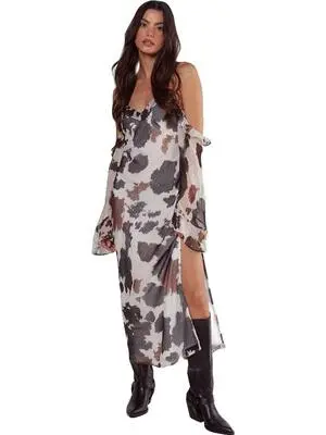 Nasty Gal Cold Shoulder Printed Maxi Dress With Slit - Brown