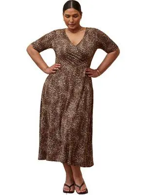 LIVE UNLIMITED Leopard Print Wrap Midi Dress - Brown