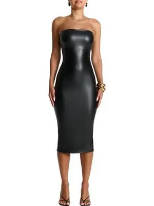 Naked Wardrobe Strapless Faux Leather Midi Dress - Black