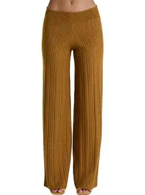 Naked Wardrobe Rib Knit Wide Leg Pants Camel