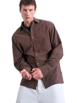 Topman Stripe Oversize Oxford Button-up Shirt - Washed Brown