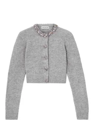 SELF-PORTRAIT Crystal-embellished Ribbed-knit Cardigan - Gray
