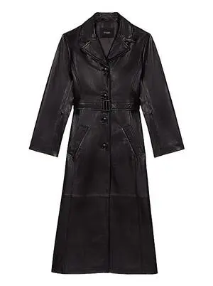 Maje Long Belted Leather Trench Coat - Black