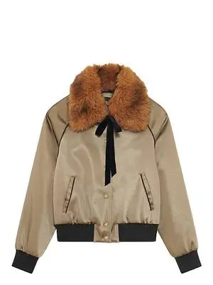 The Kooples Faux Fur-collar Satin Jacket - Kaki