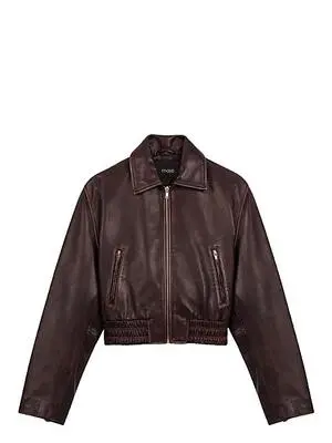 Maje Cropped Smocked-waist Leather Jacket - Bruns
