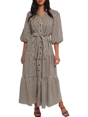 PETAL & PUP Gingham Cotton Blend Maxi Dress - Black Cream Gingham