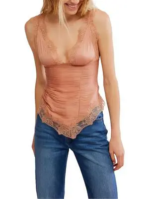 Free People Elena Lace Trim Satin Tank Top - Peached Copper