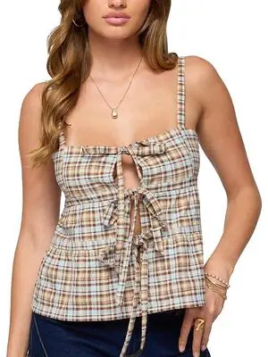 EDIKTED Mirena Tie Front Plaid Top - Mix