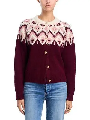 Aqua Fair Isle Crewneck Cardigan - Burgundy